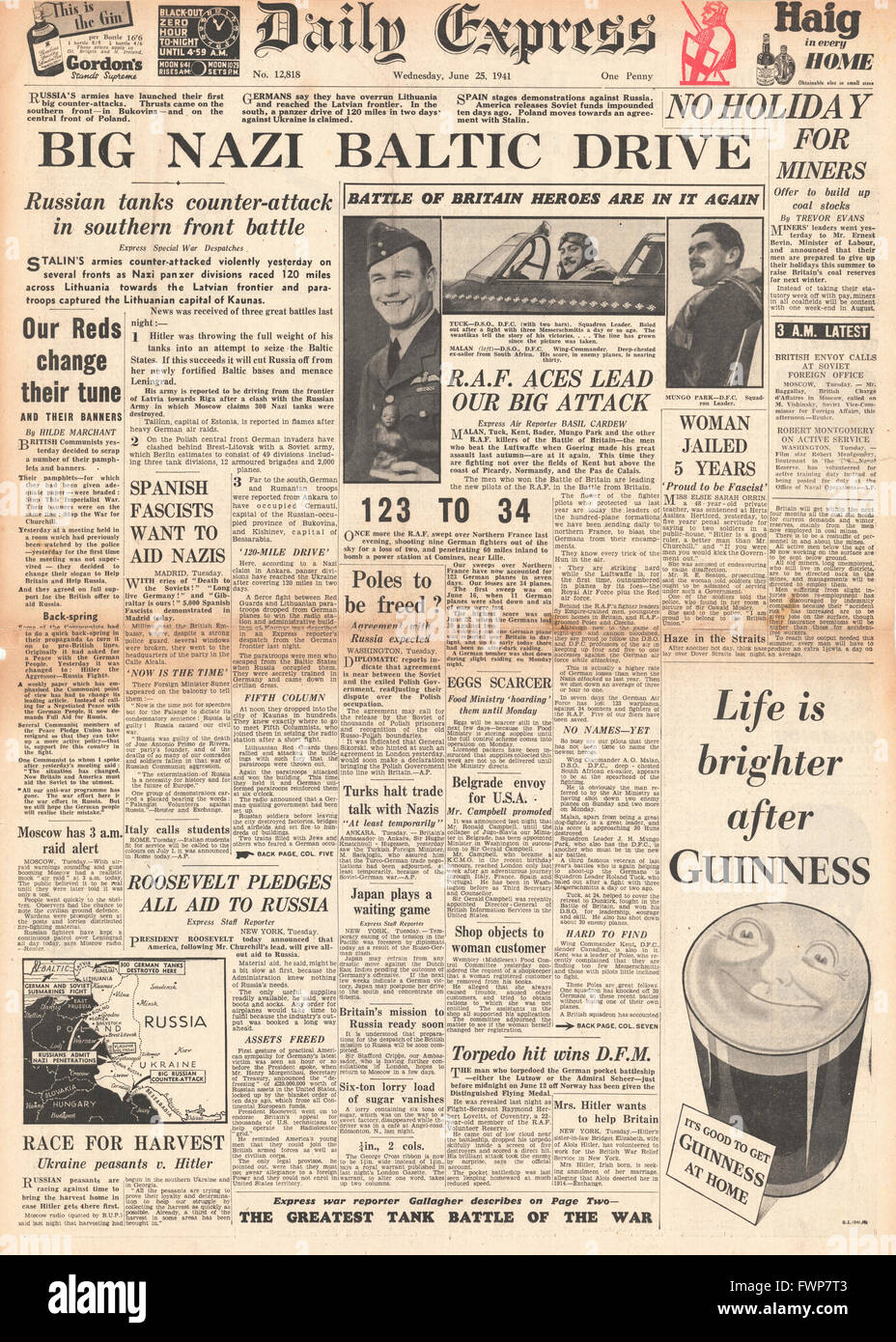 1941 front page Daily Express German Army drive through Baltic States ...