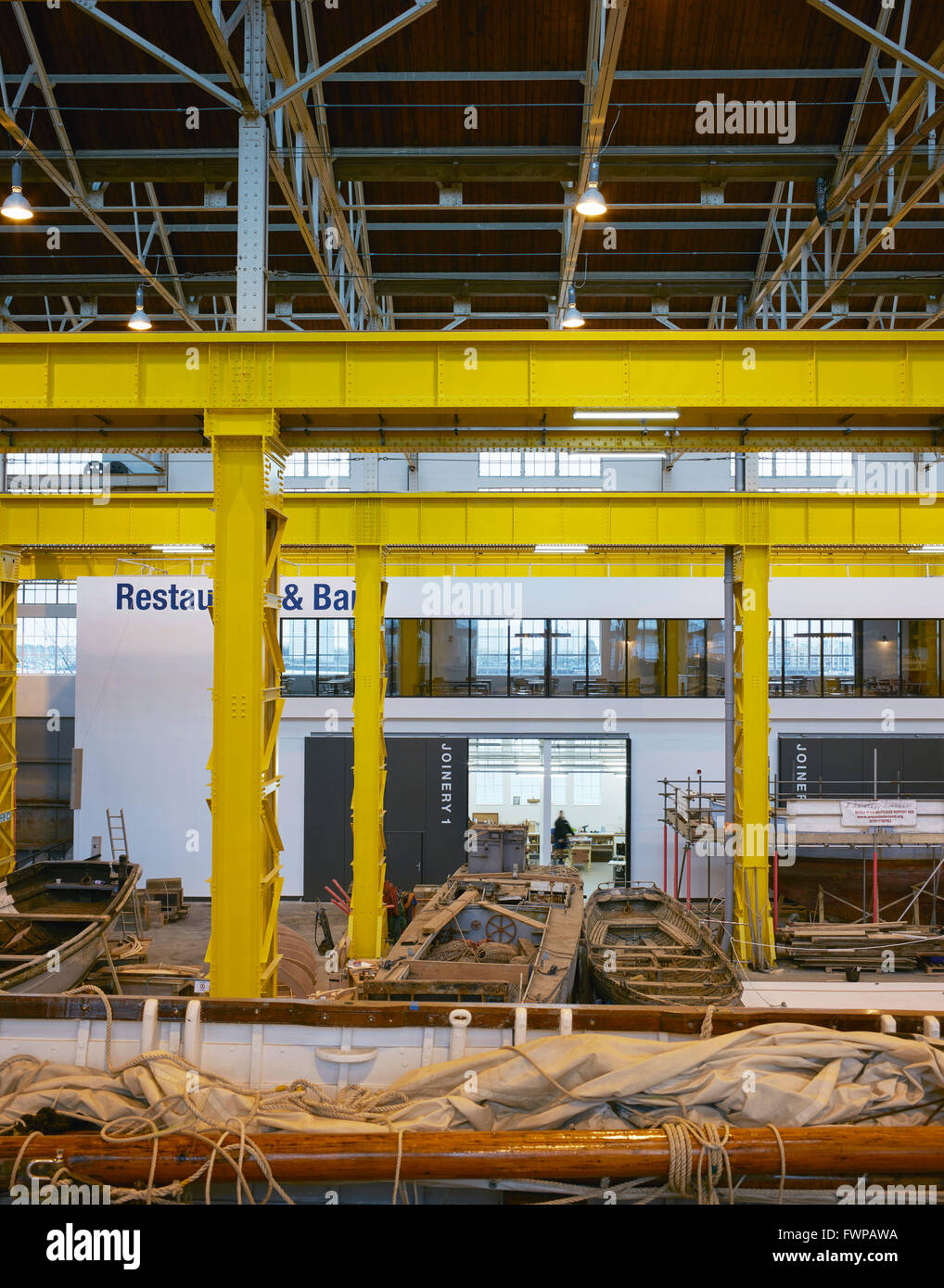 Industrial interior with boat building workshop and panoramic ...