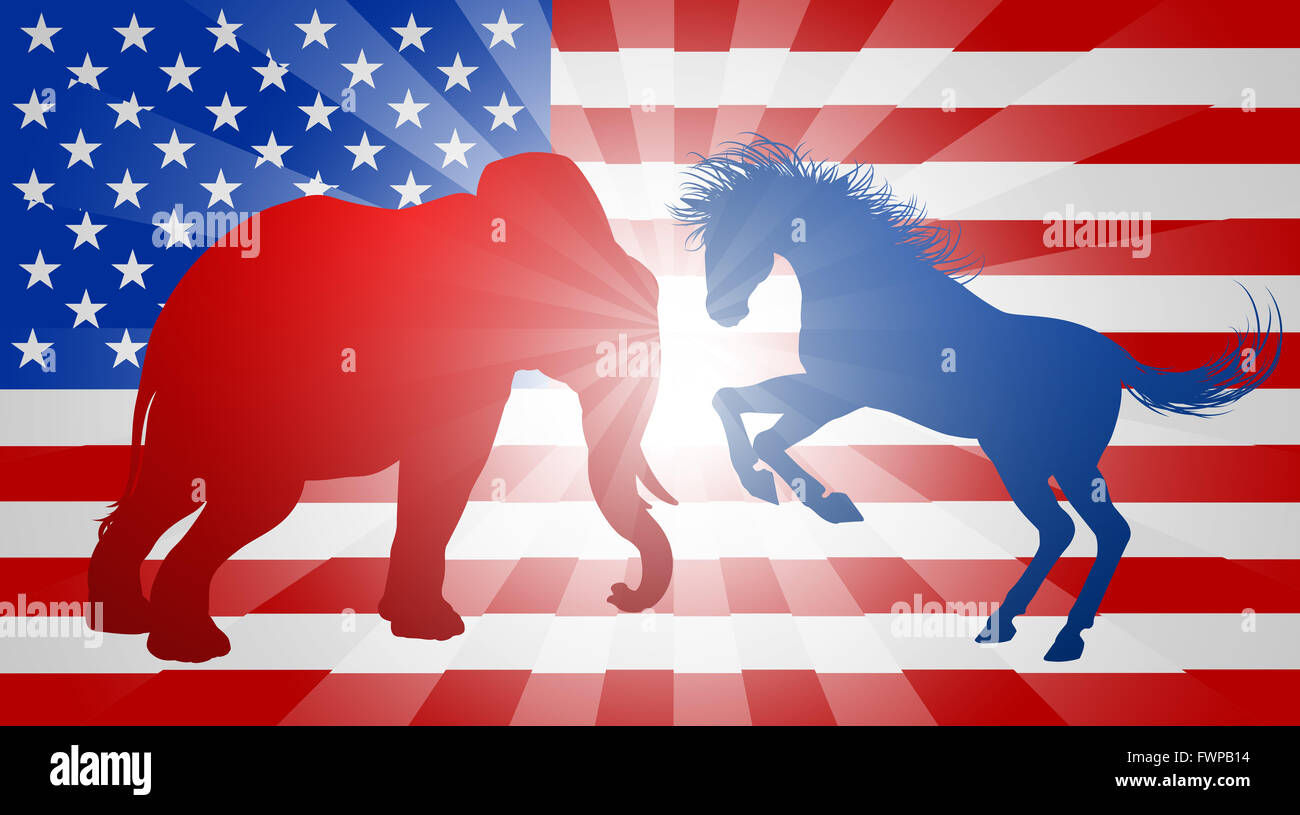 A donkey and elephant silhouettes fighting. Mascot animals of American ...