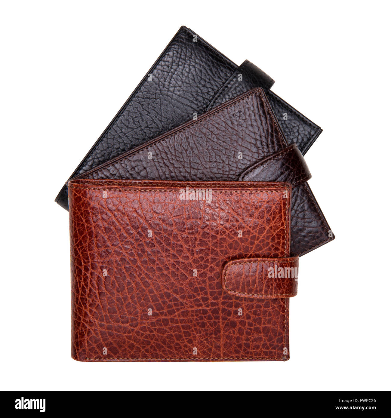Three natural leather wallets isolated on white background. Expensive ...
