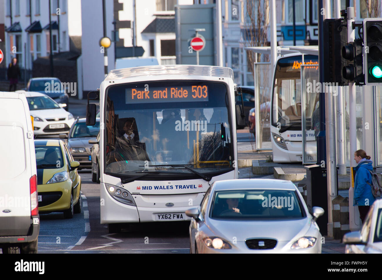 A Mid Wales Transport park and ride public transport bus in heavy ...