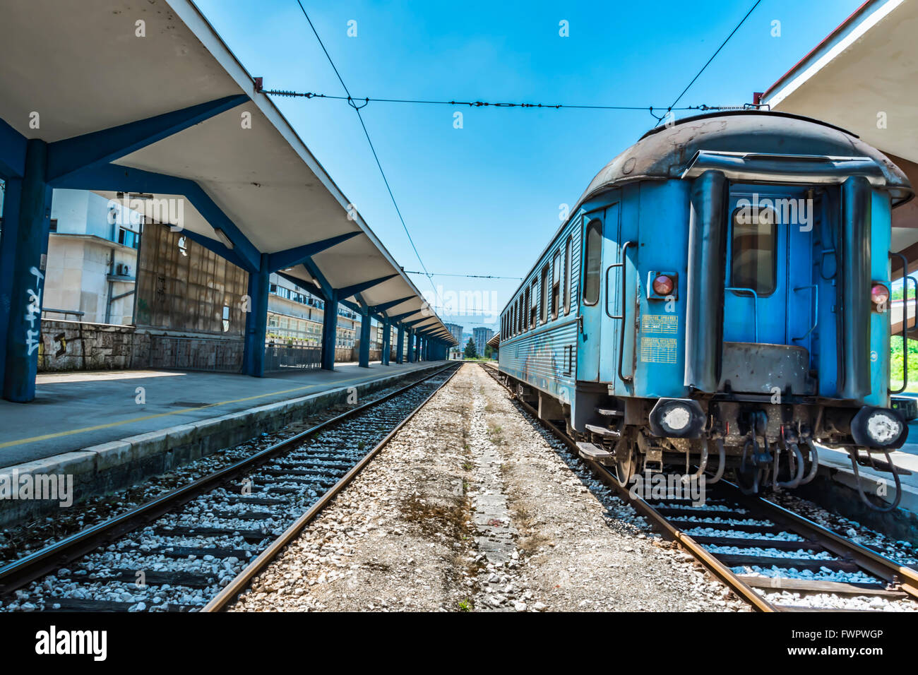 Blue train station Stock Photo - Alamy