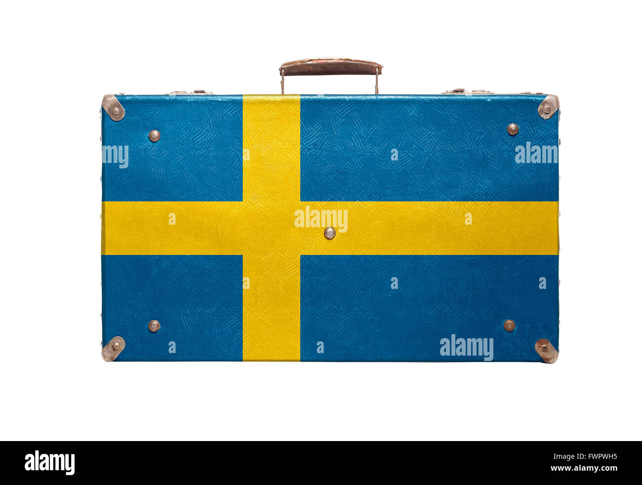 Vintage travel bag with flag of Sweden isolated on white background ...