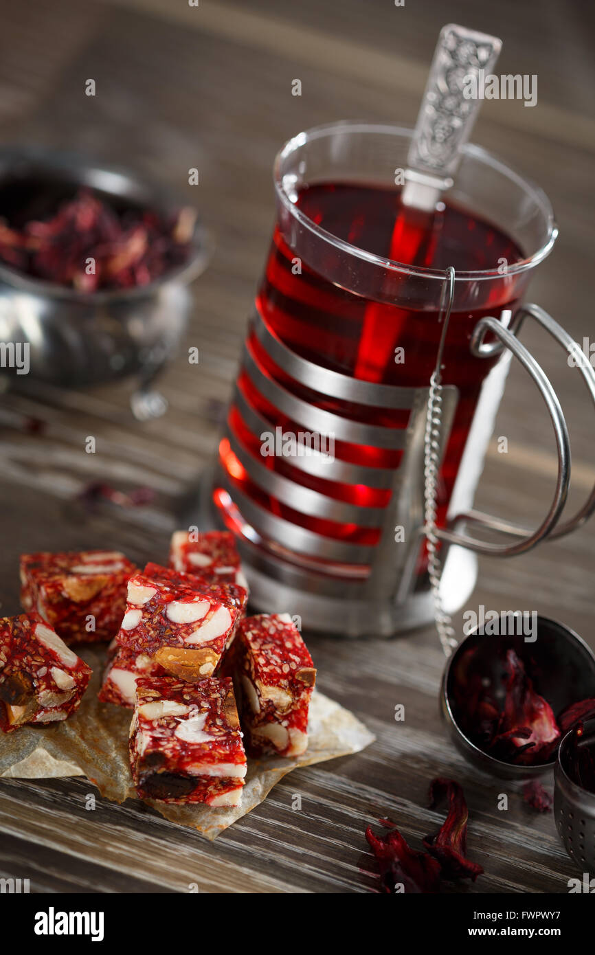 Turkish pomegranate rahat dessert with pomegranate tea Stock Photo - Alamy