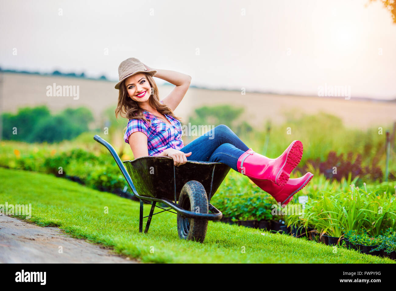 Woman sitting in wheelbarrow in sunny green garden Stock Photo - Alamy