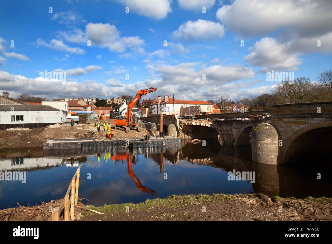 Repairs in progress following flood damage to the bridge at Tadcaster ...