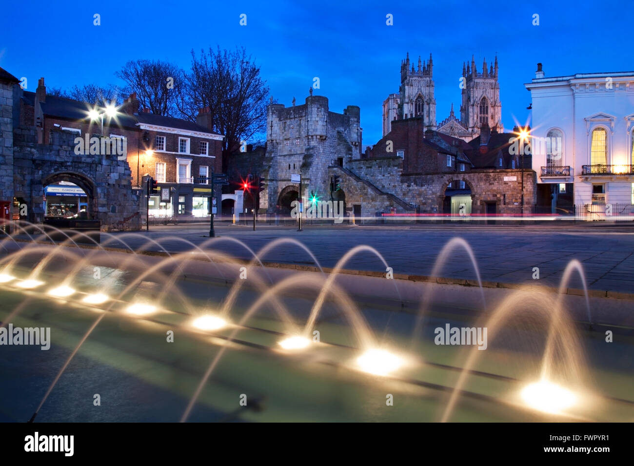 Bootham Bar and York Minster at dusk from Exhibition Square Yorkshire ...