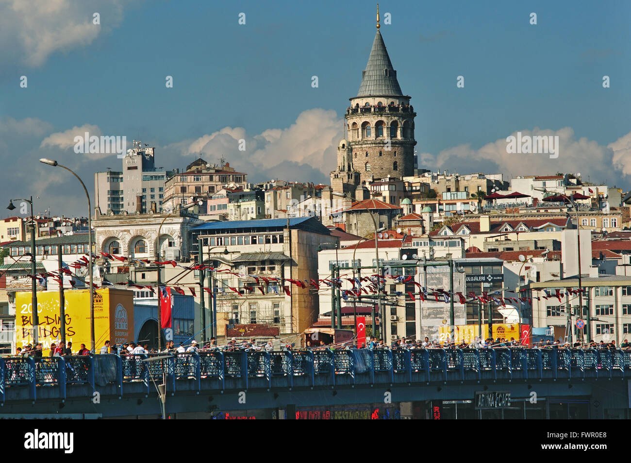 Turkey, Istanbul, View of the Galata Bridge background Galata Tower on ...