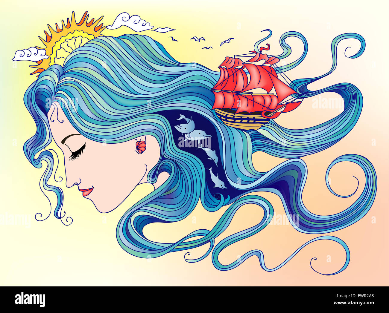 Illustration sea goddess girl with a hair out of the water Stock Photo ...