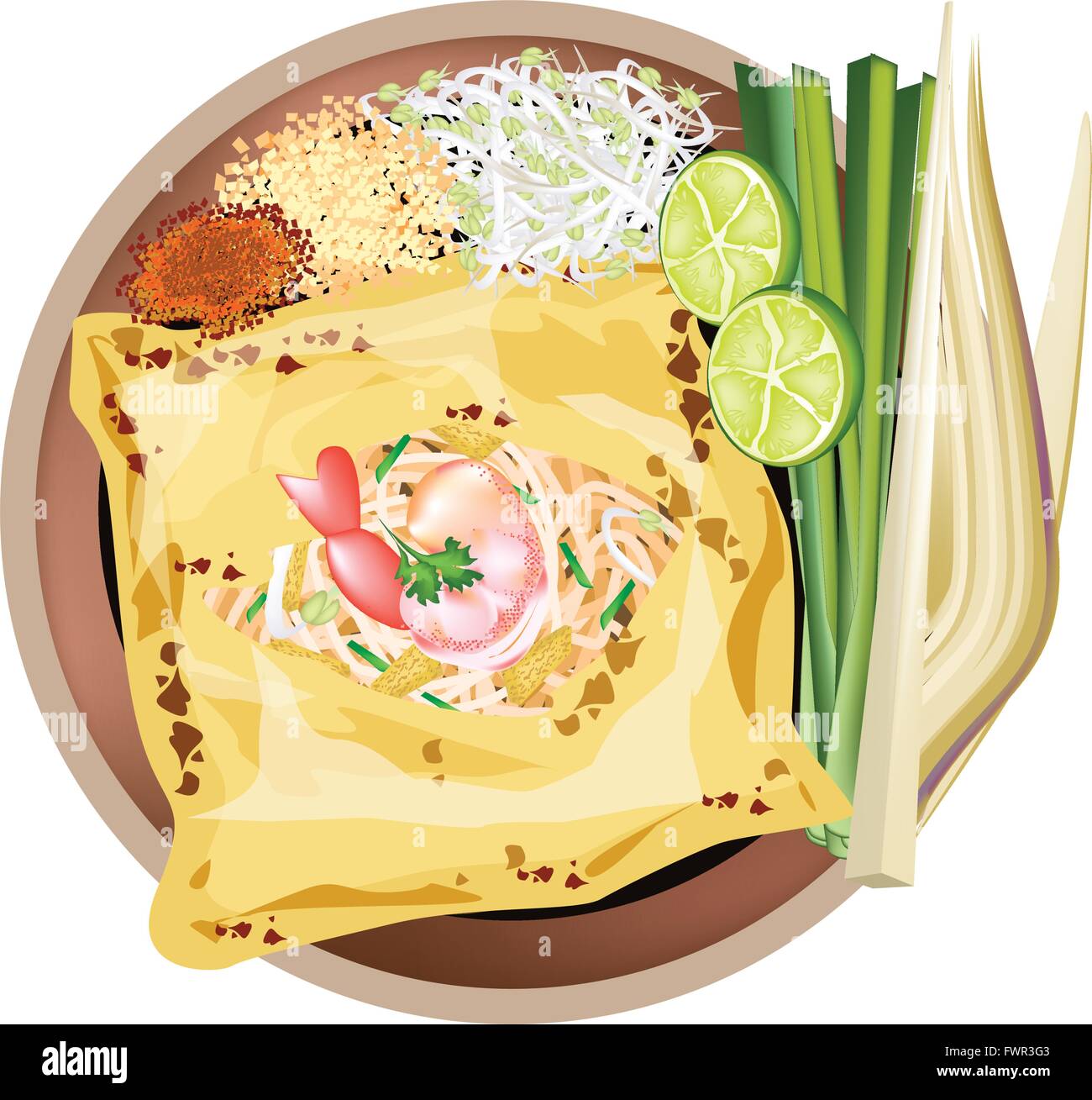 Thai Cuisine, Pad Thai or Thai Stir Fried Noodles Wrapped white Omelet ...