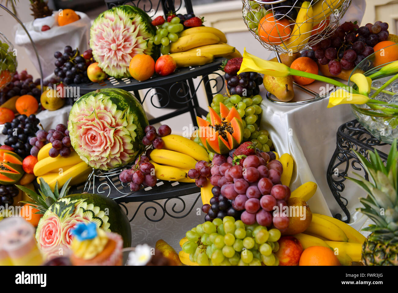 Different type of fruits on table, wedding day Stock Photo - Alamy