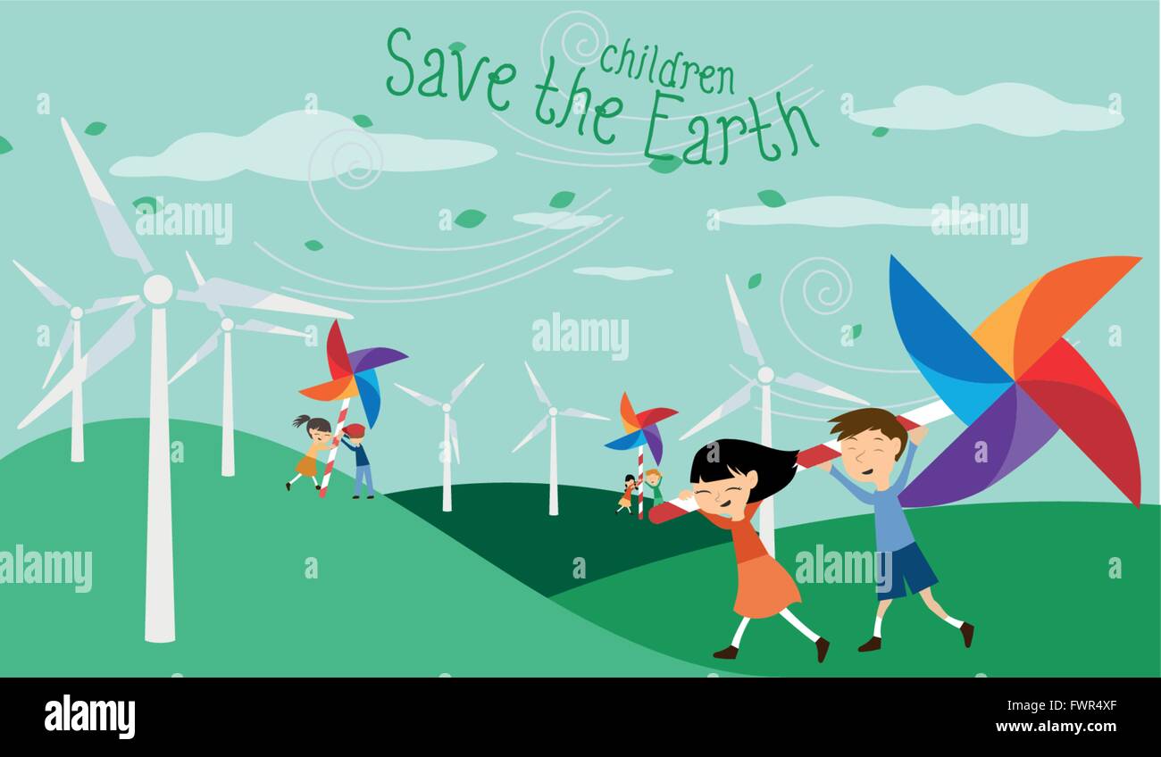 Save the Earth - Green energy for children - Illustration with electric ...