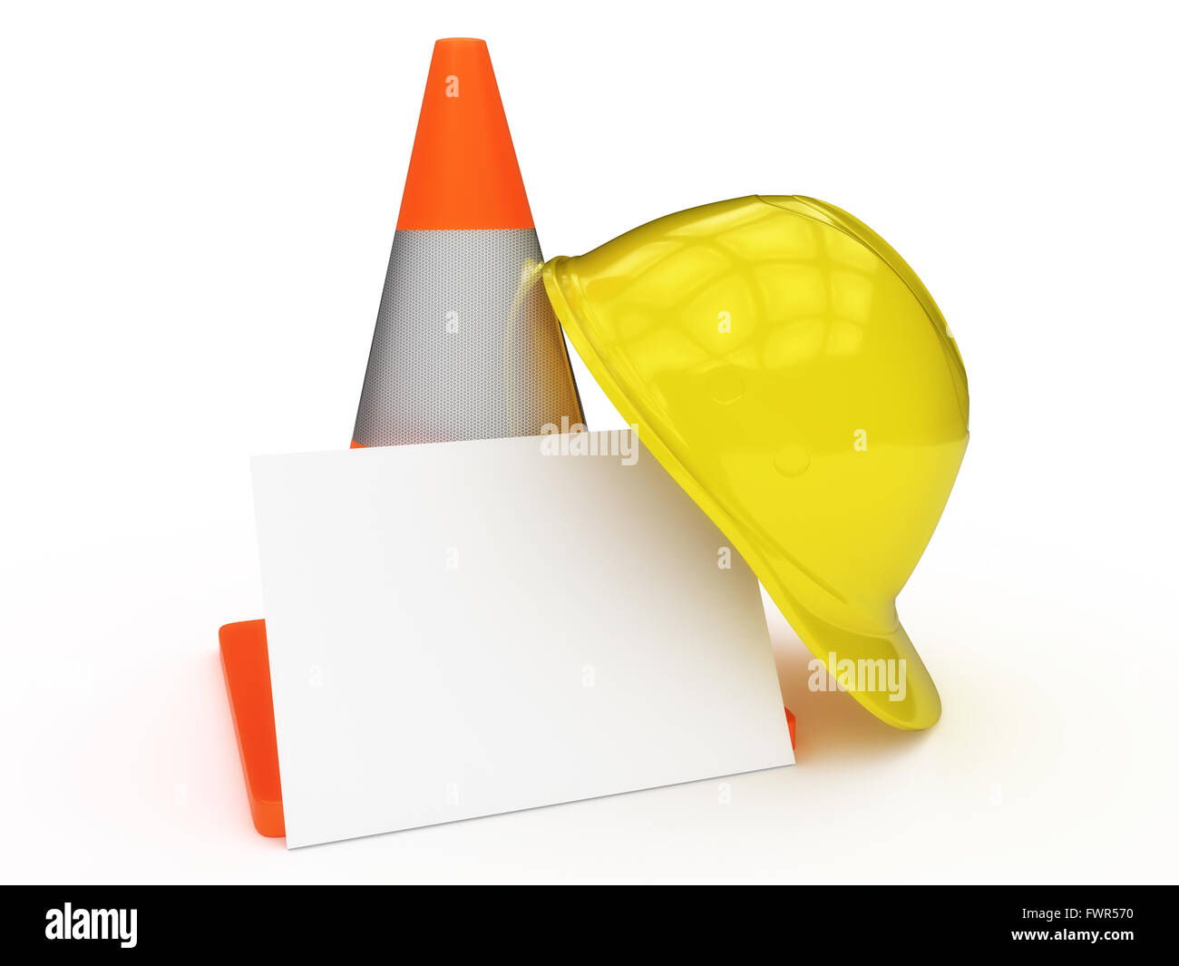Caution cone with hard hat and blank card isolated on a white ...