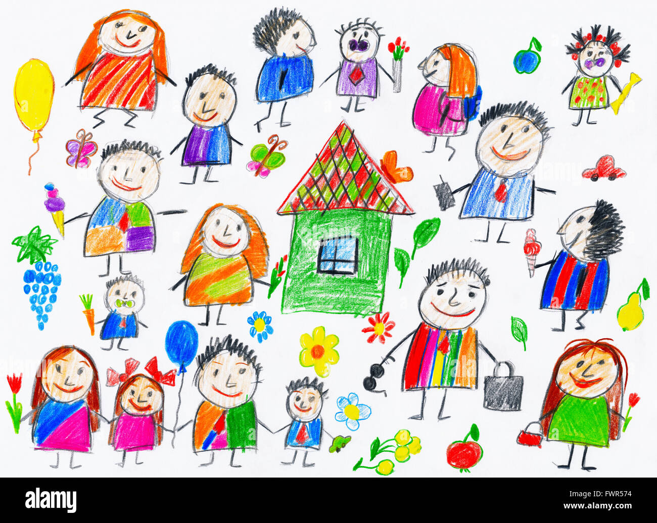 cartoon people collection, children drawing object on paper, hand drawn ...