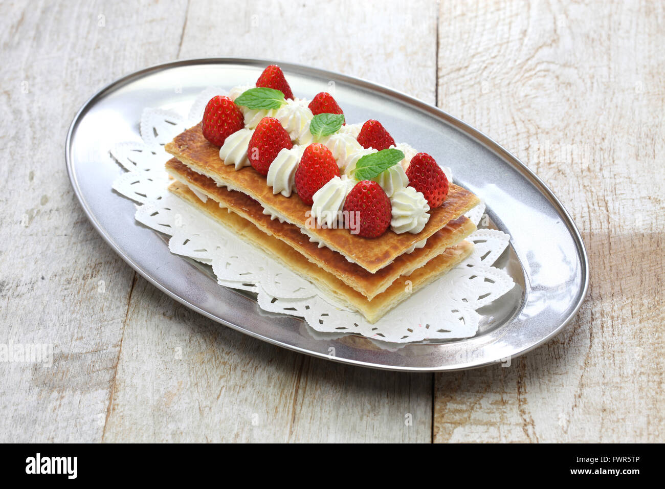 homemade strawberry mille feuille, Napoleon pie, french pastry Stock ...