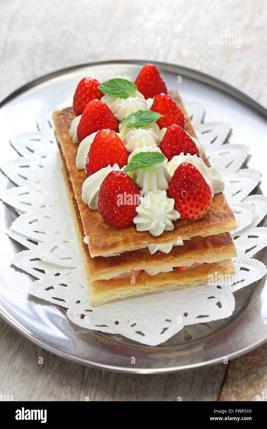 homemade strawberry mille feuille, Napoleon pie, french pastry Stock ...