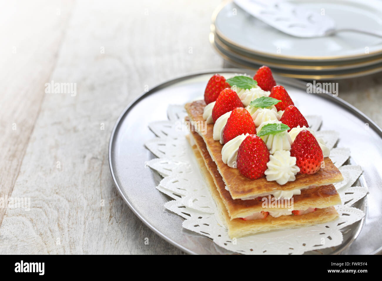 homemade strawberry mille feuille, Napoleon pie, french pastry Stock ...