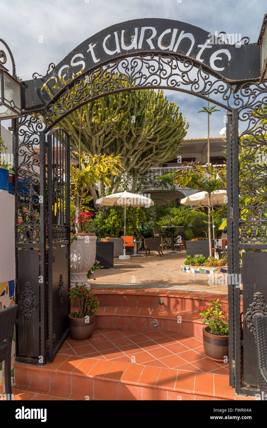 Decorative restaurant entrance and garden, La Caleta Tenerife Stock ...