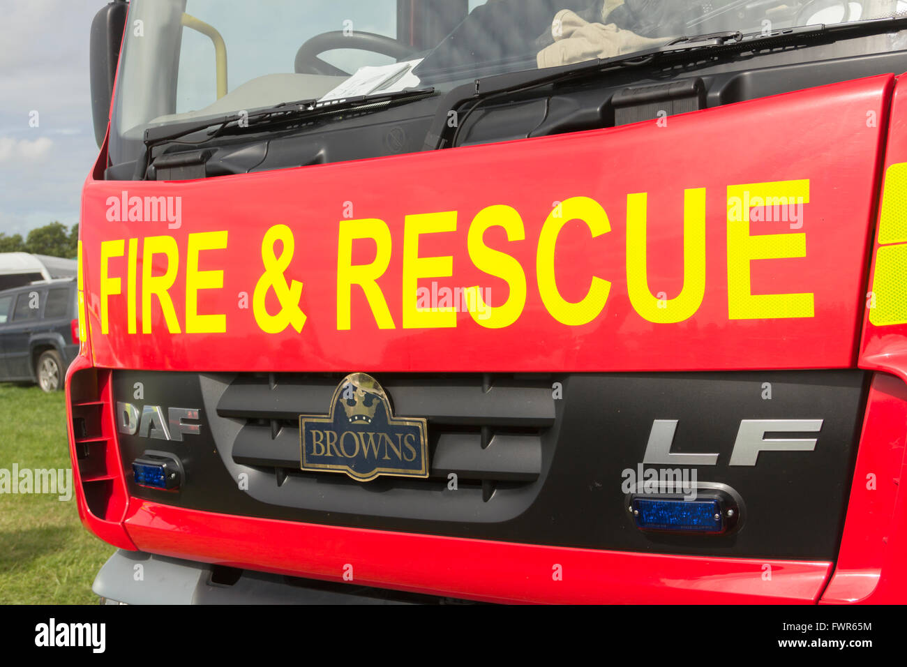 Fire and Rescue legend in bright yellow lettering on the front of a ...