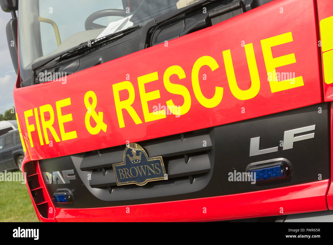 Fire and Rescue legend in bright yellow lettering on the front of a ...