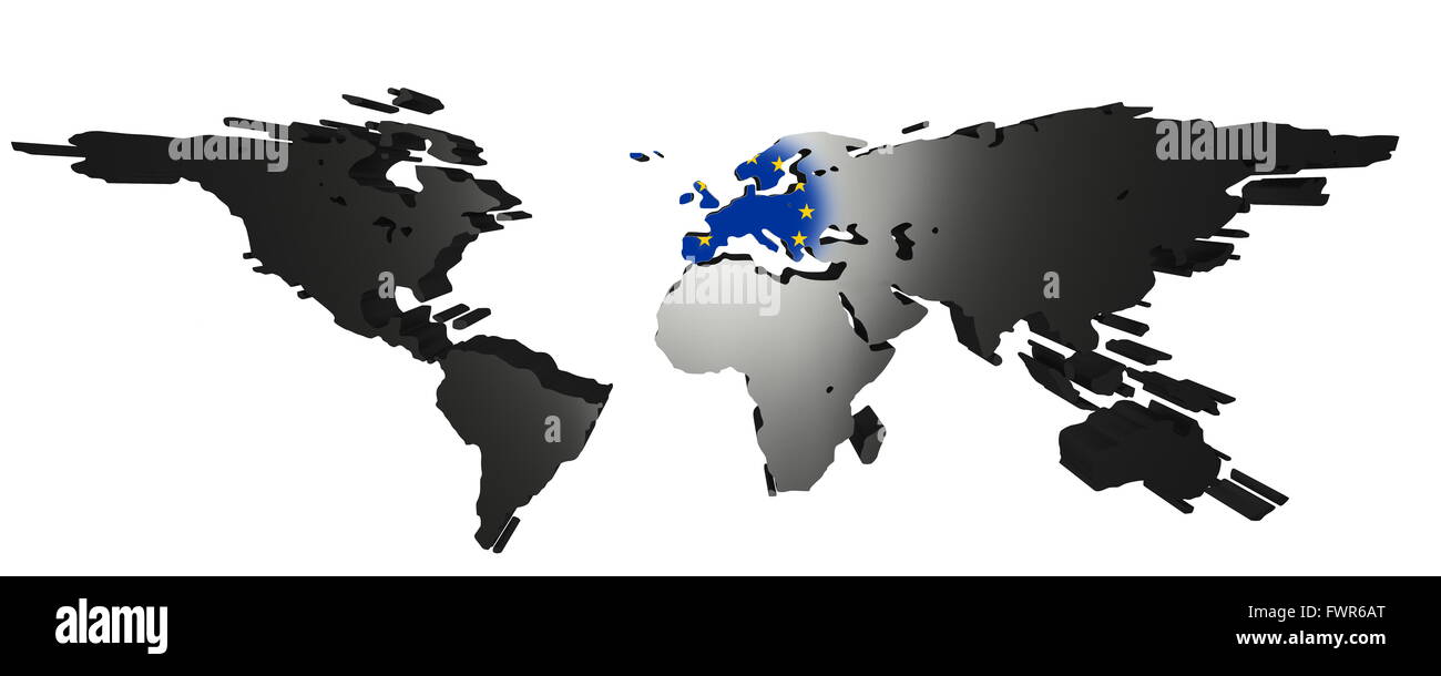3D-Rendering of world map on white background. Europe is in the center ...