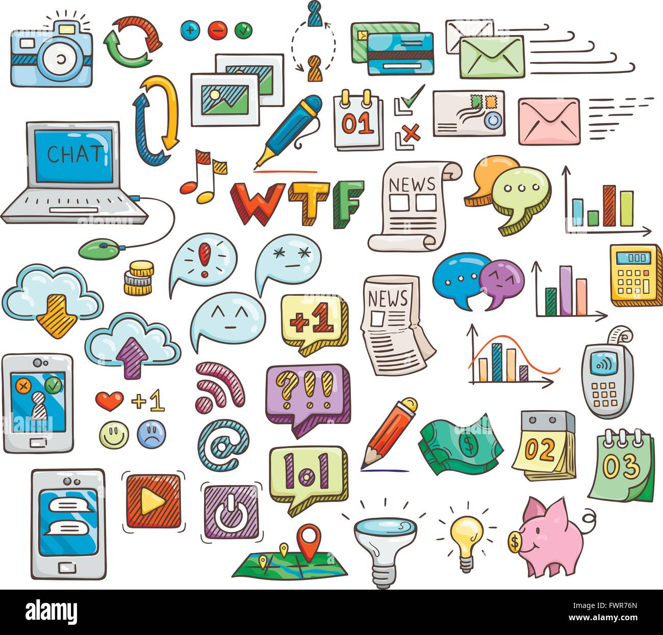 Set of Universal Doodle Icons. Bright Colors and Variety of Topics ...