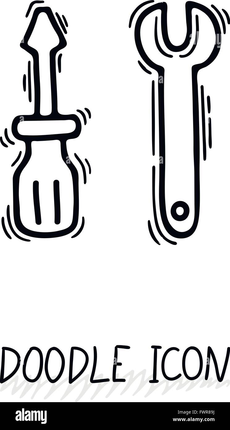 Doodle wrench and screwdriver icon. Working icon, equipment, technology ...