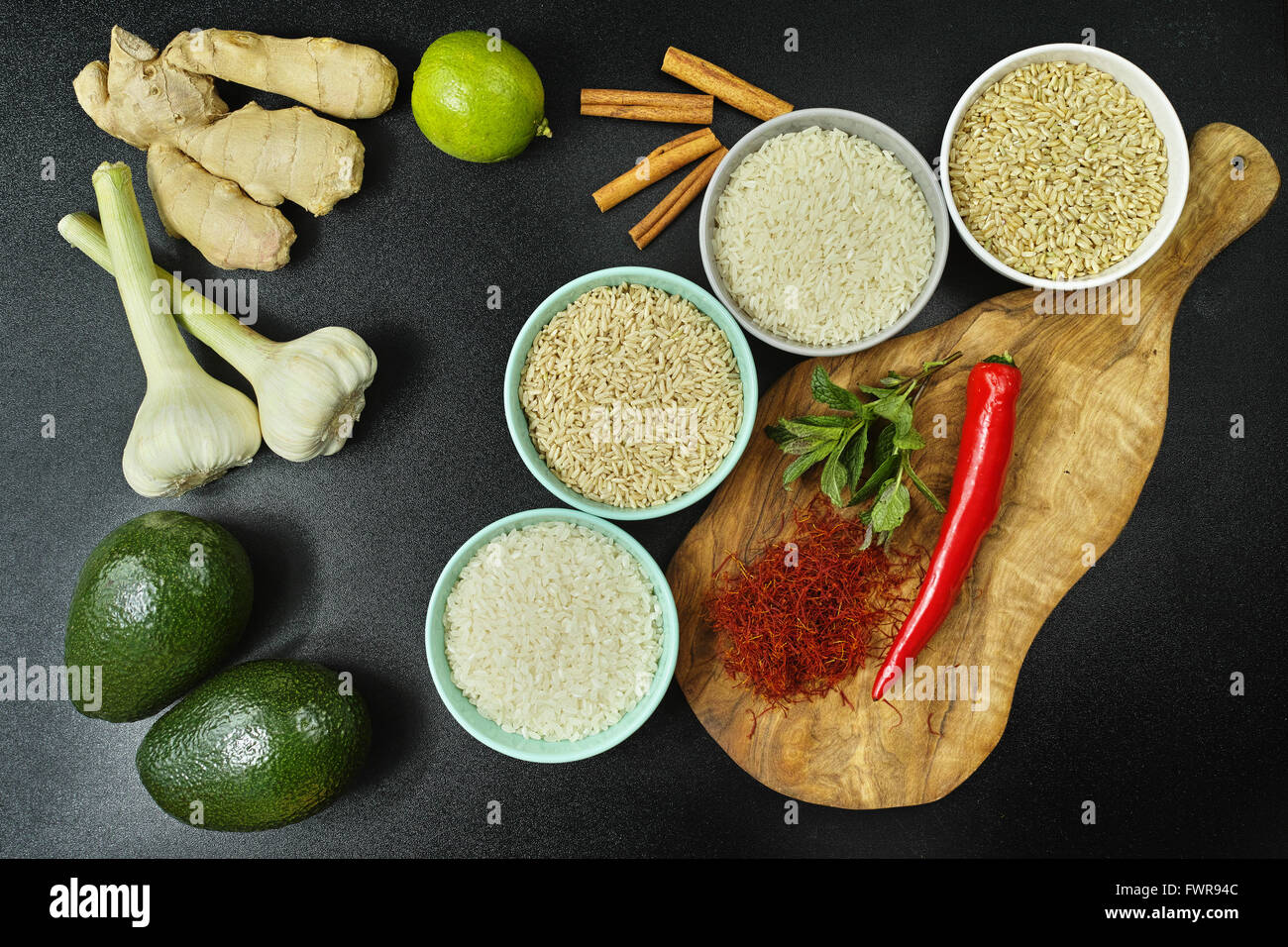 Four bowls with different types of rice: wild rice, white, basmati rice ...