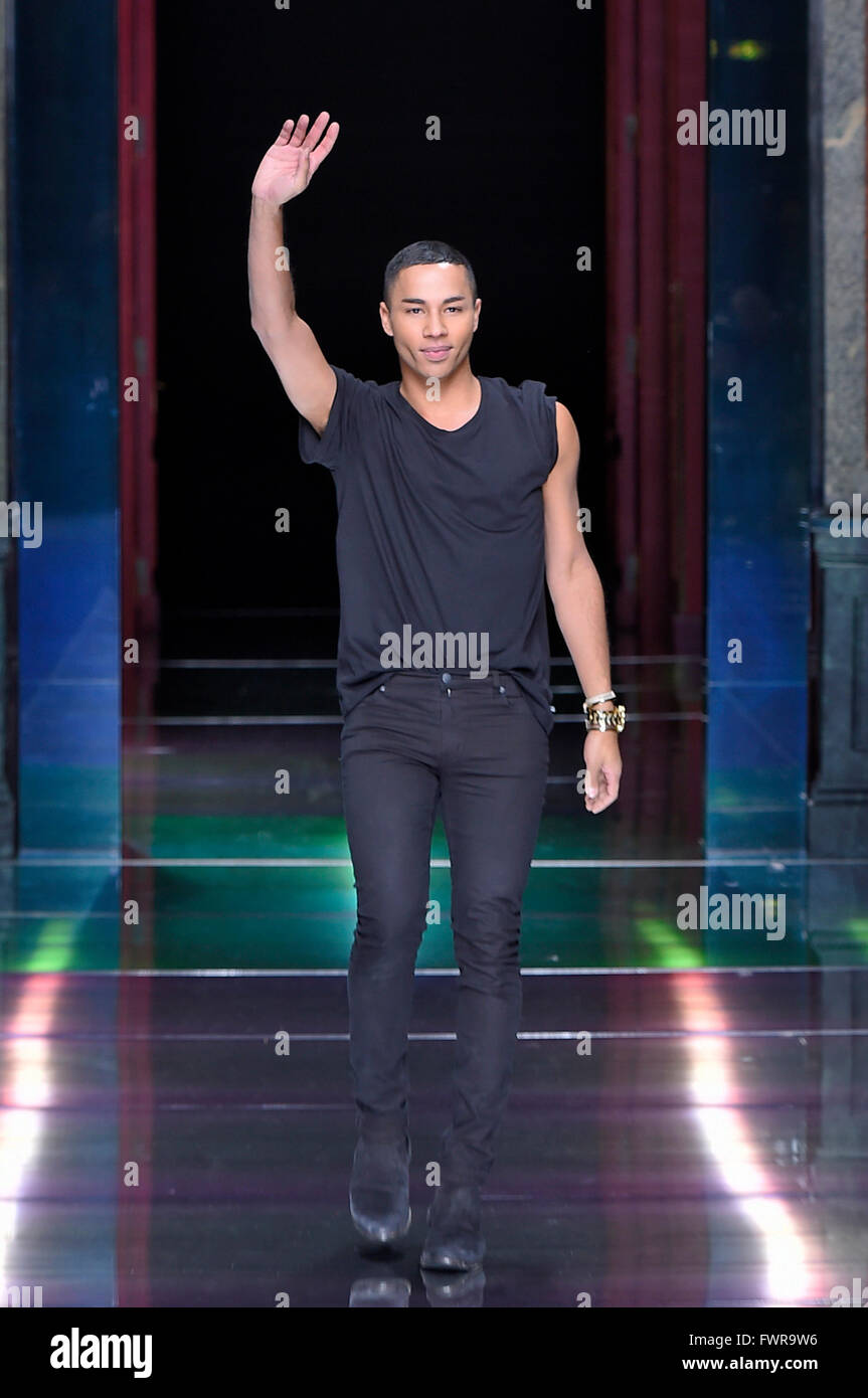 Designer Olivier Rousteing walks the runway during the Balmain show ...