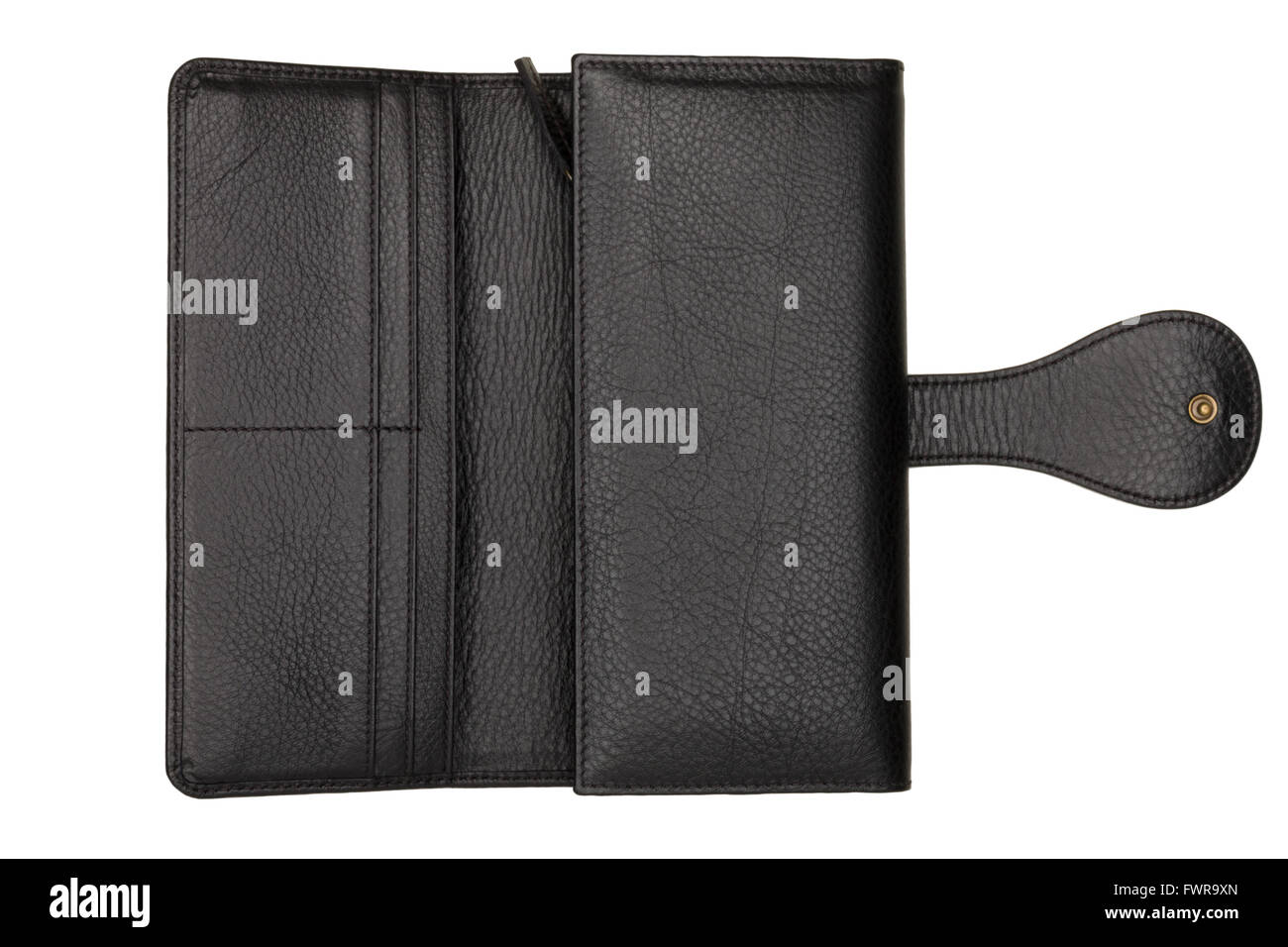 Close-up view of black opened female purse isolated on white background ...