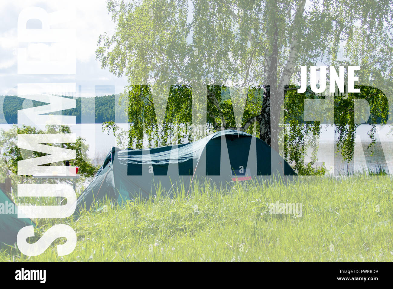 summer june postcard with camping tent background Stock Photo - Alamy
