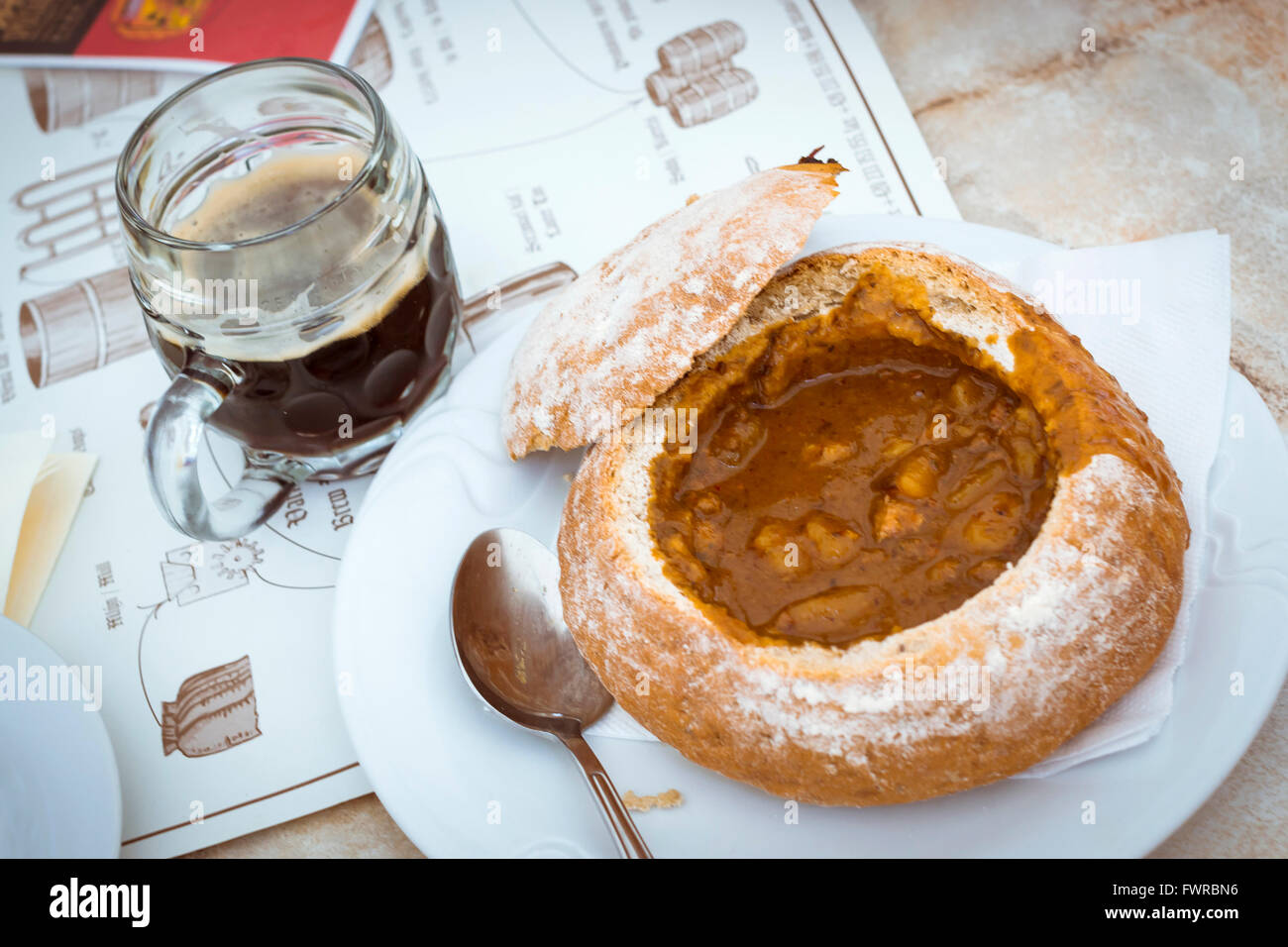 Goulash soup in bread in Strahov brewery (Klasterni pivovar Strahov) on ...