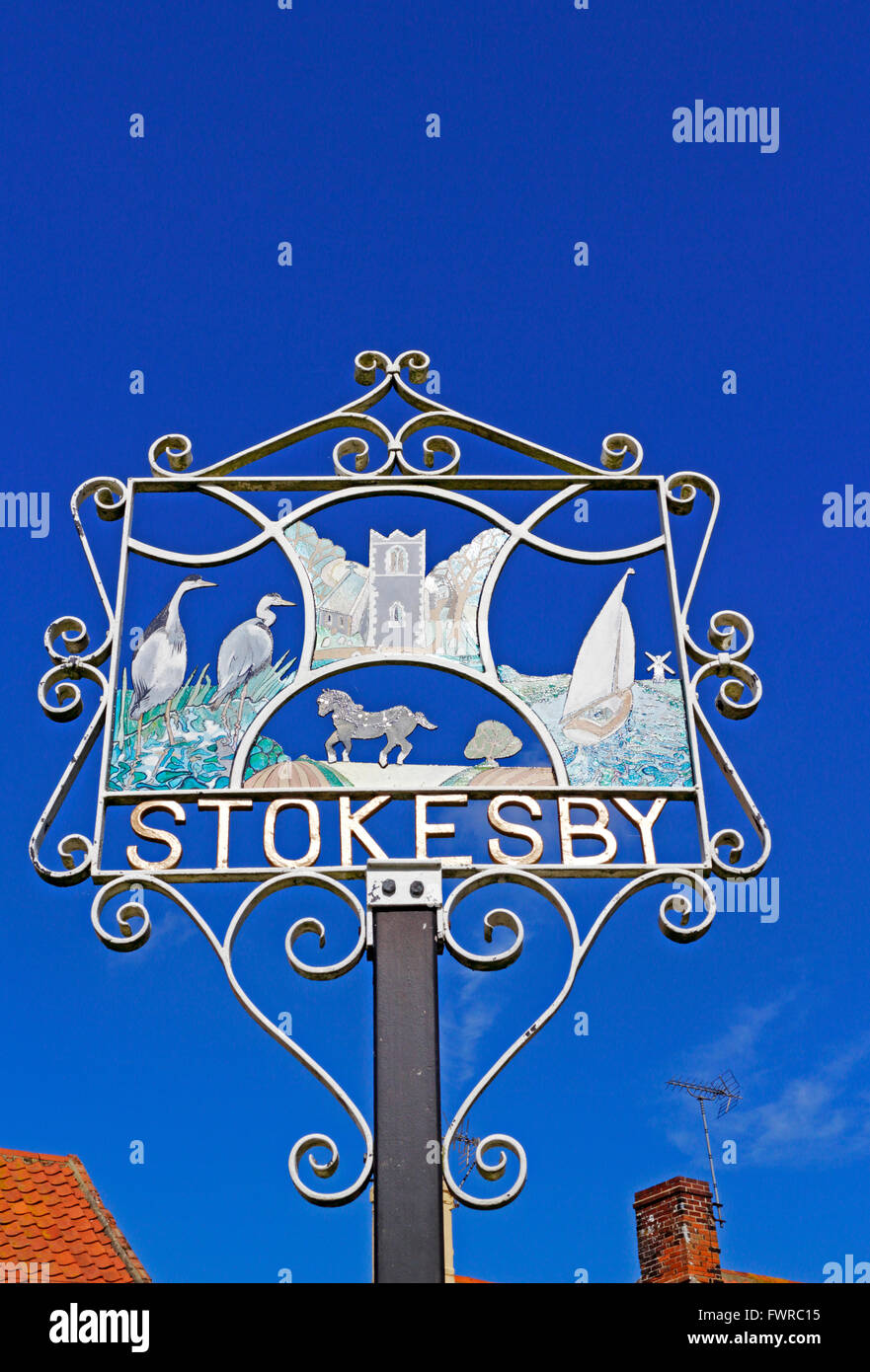 A view of the village sign of Stokesby on the Norfolk Broads, England ...