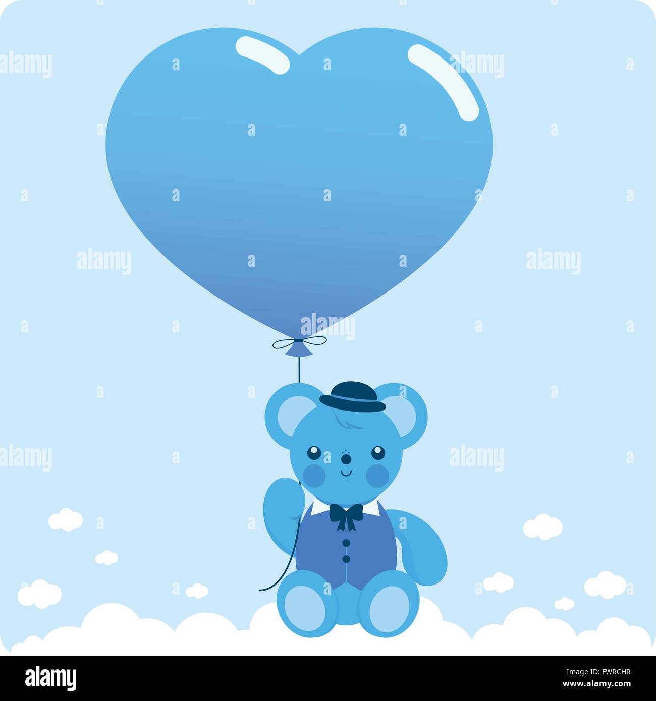 Blue teddy bear and balloon. Baby teddy bear with blue costume holding ...