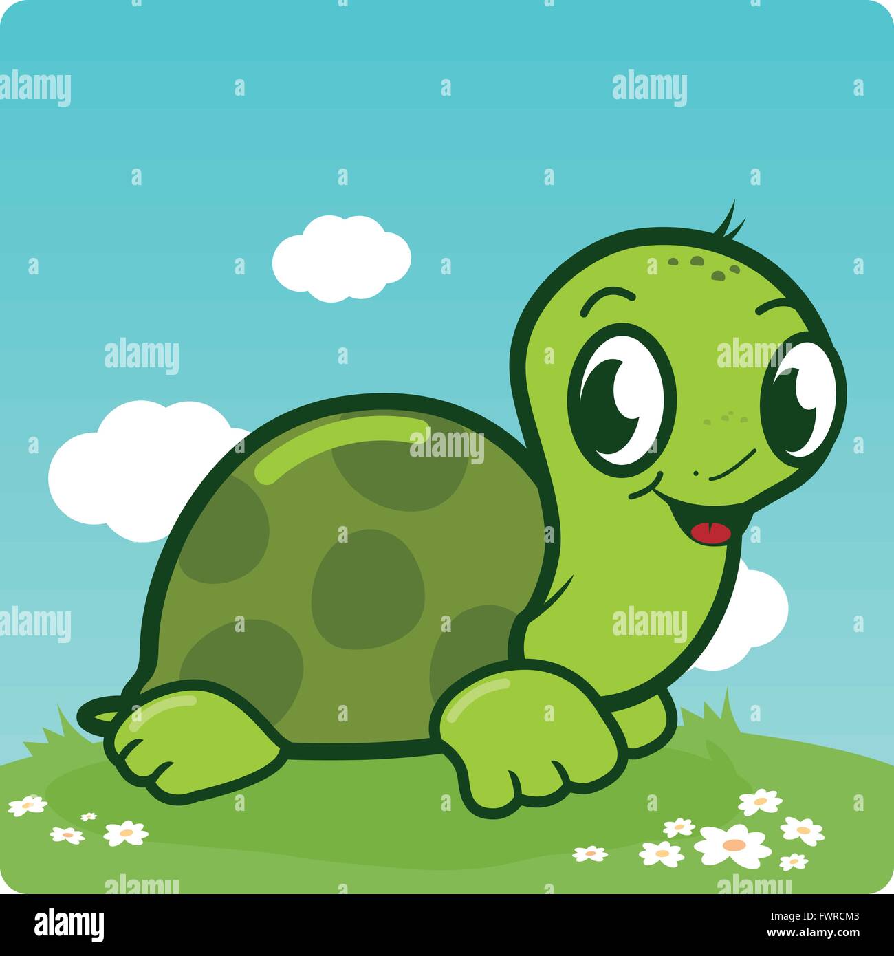 A happy turtle in the garden walking in the grass. Cute turtle pet ...