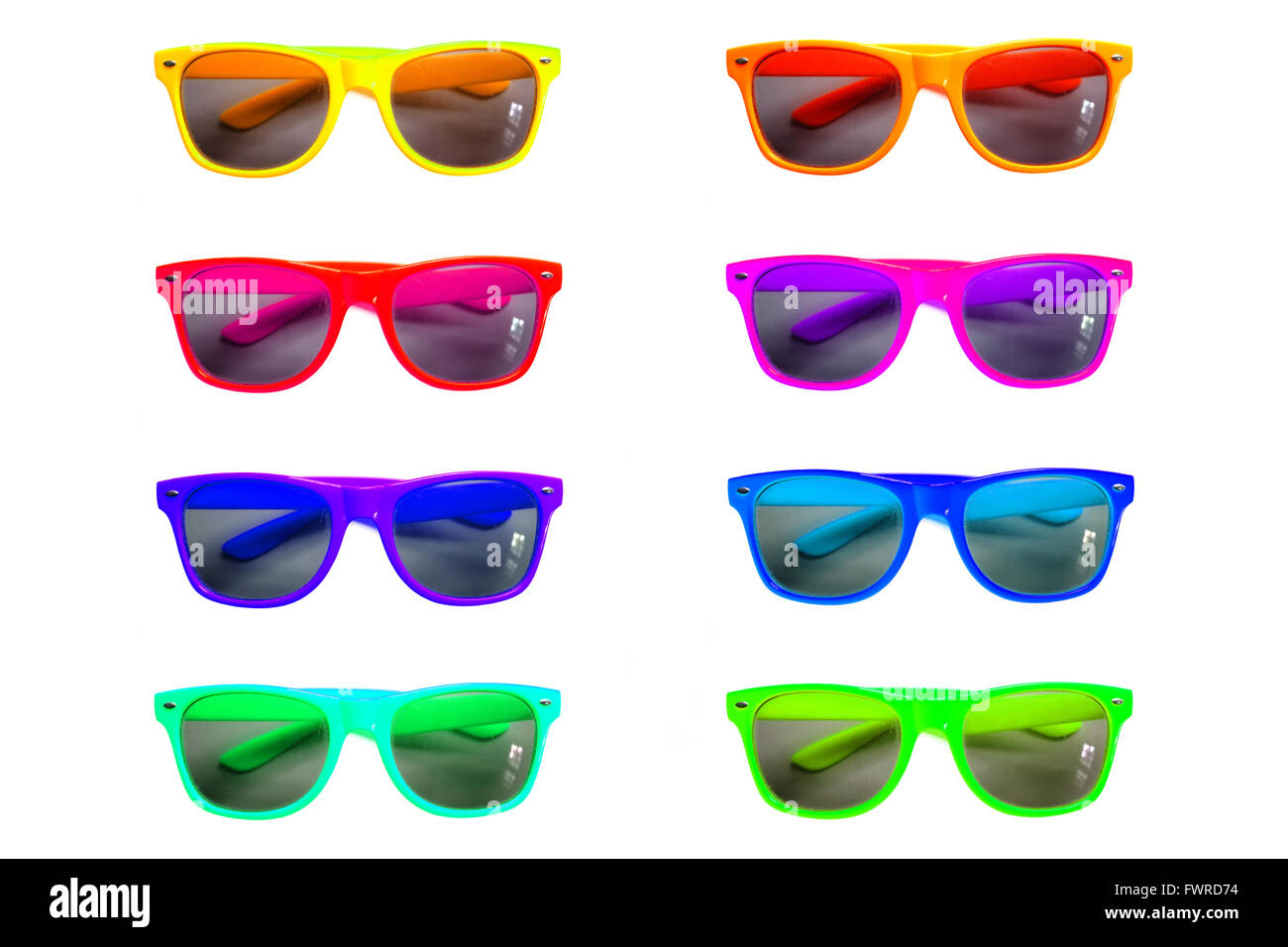 A grid of different coloured sunglasses photographed against a white ...