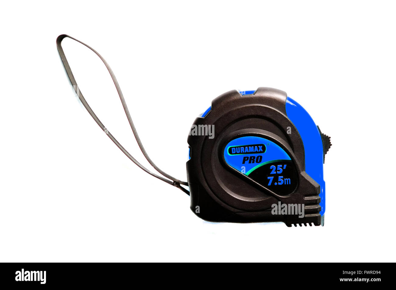 A blue measuring tape photographed against a white background Stock ...