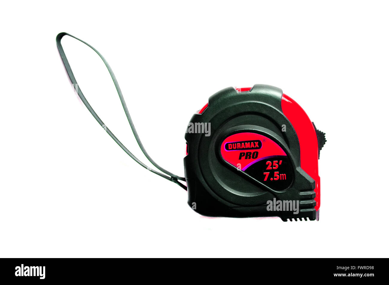 A red measuring tape photographed against a white background Stock ...