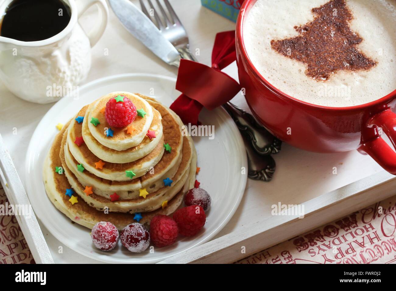 Christmas Breakfast on a tray pancakes and Coffee with chocolate ...