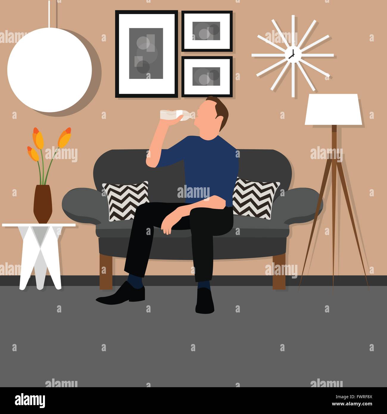 man people drinking water from bottle sitting chair sofa living room ...