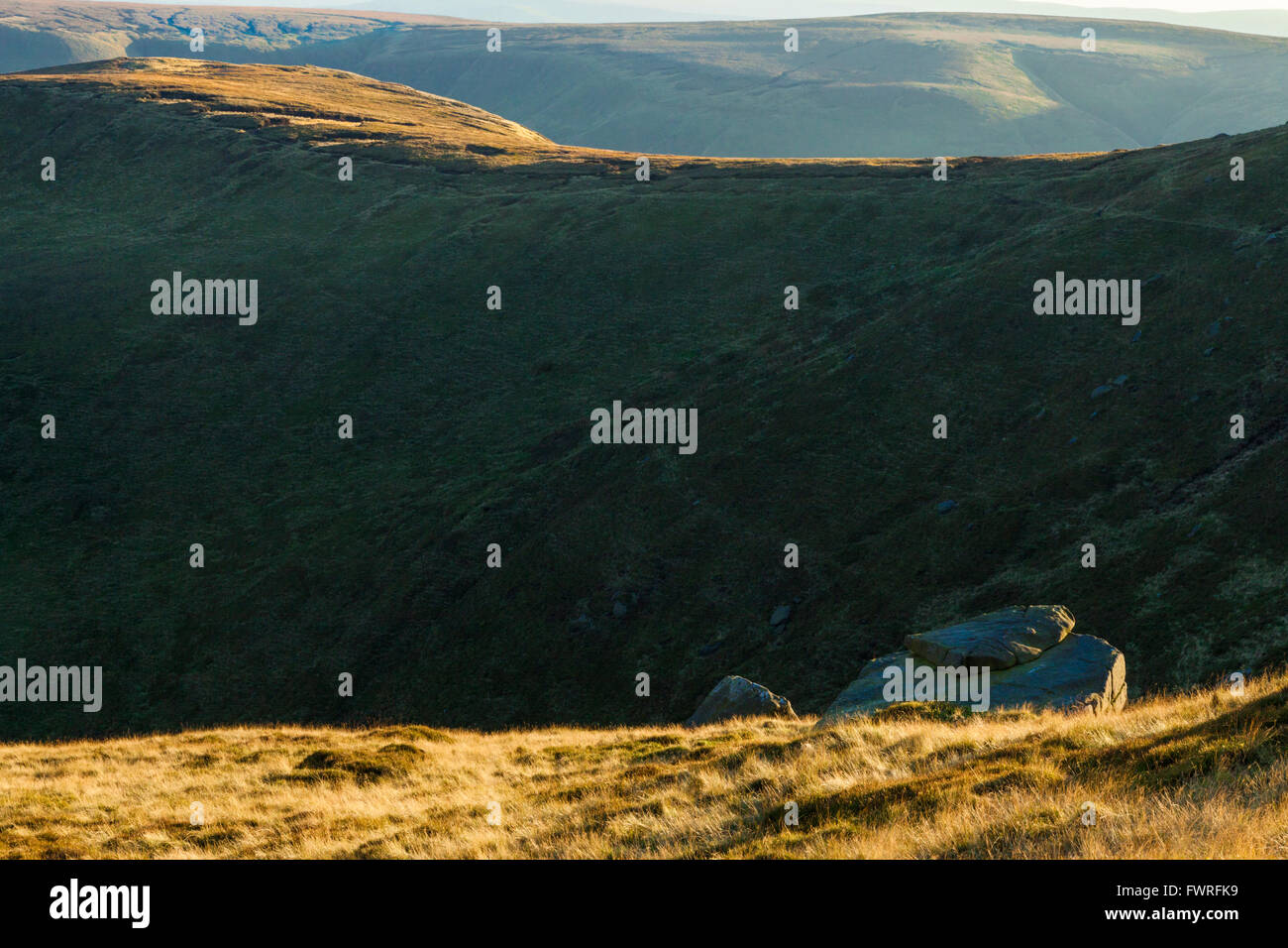 Derbyshire landscape: Autumn sunlight at dusk on the hills and moors ...