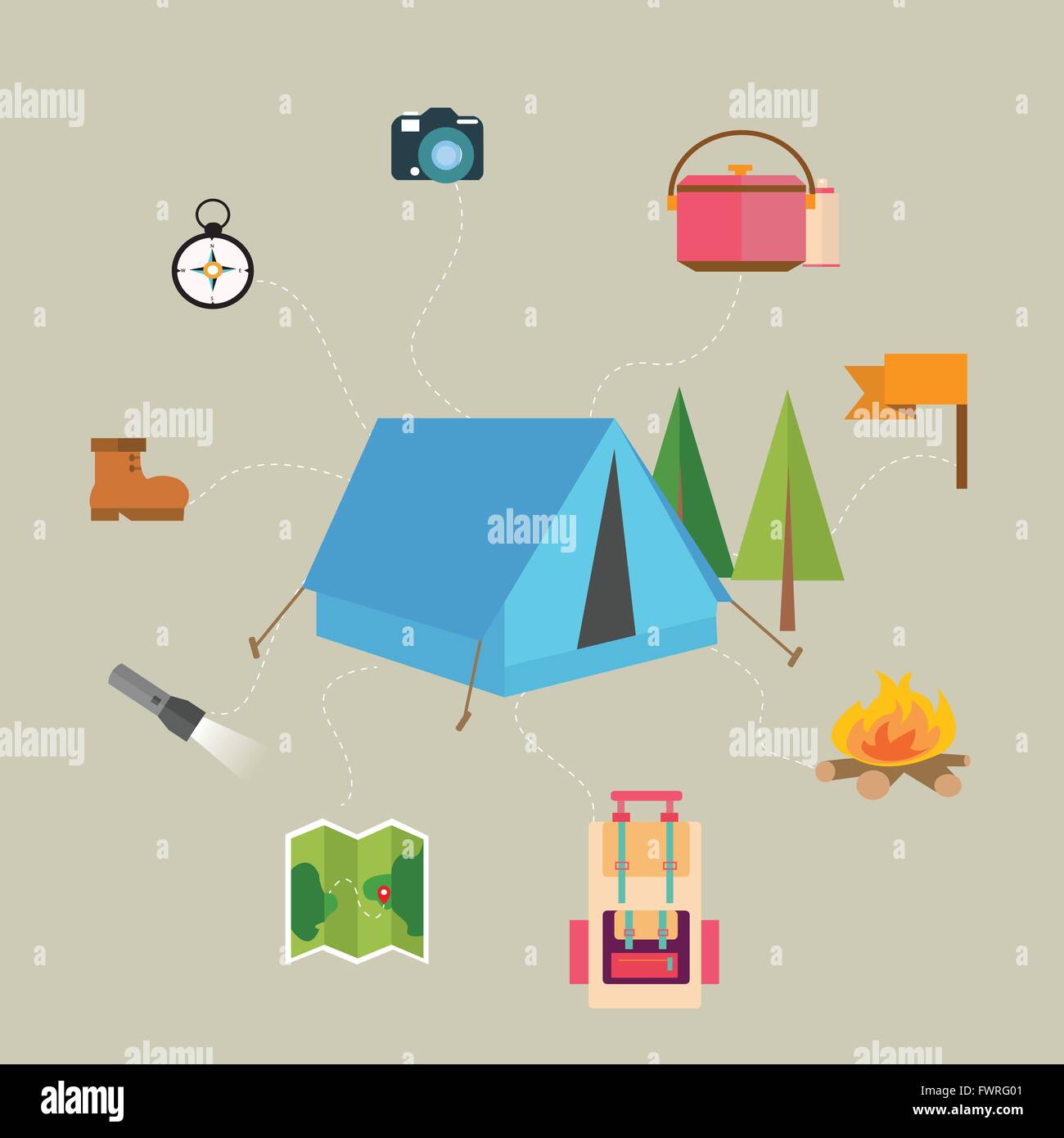 camping hiking icon set of map tent compass flag adventure illustration ...