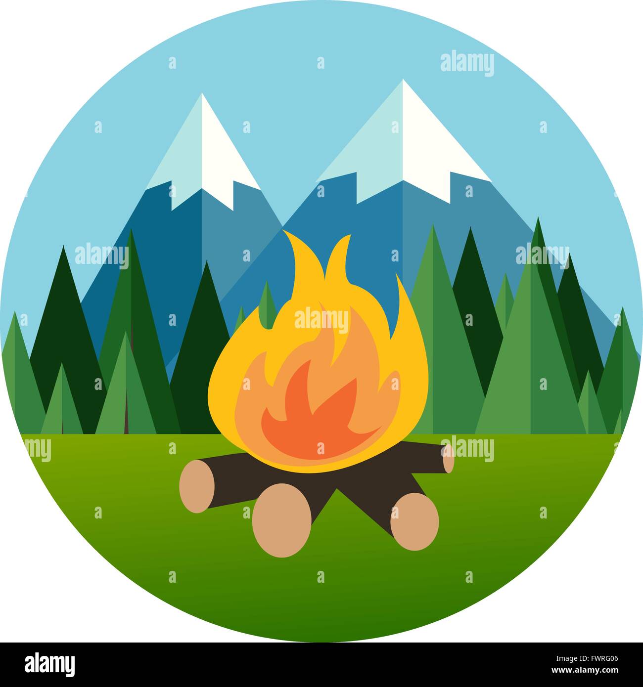 camp fire in forest mountain flat icon pine tree jungle vector graphic ...