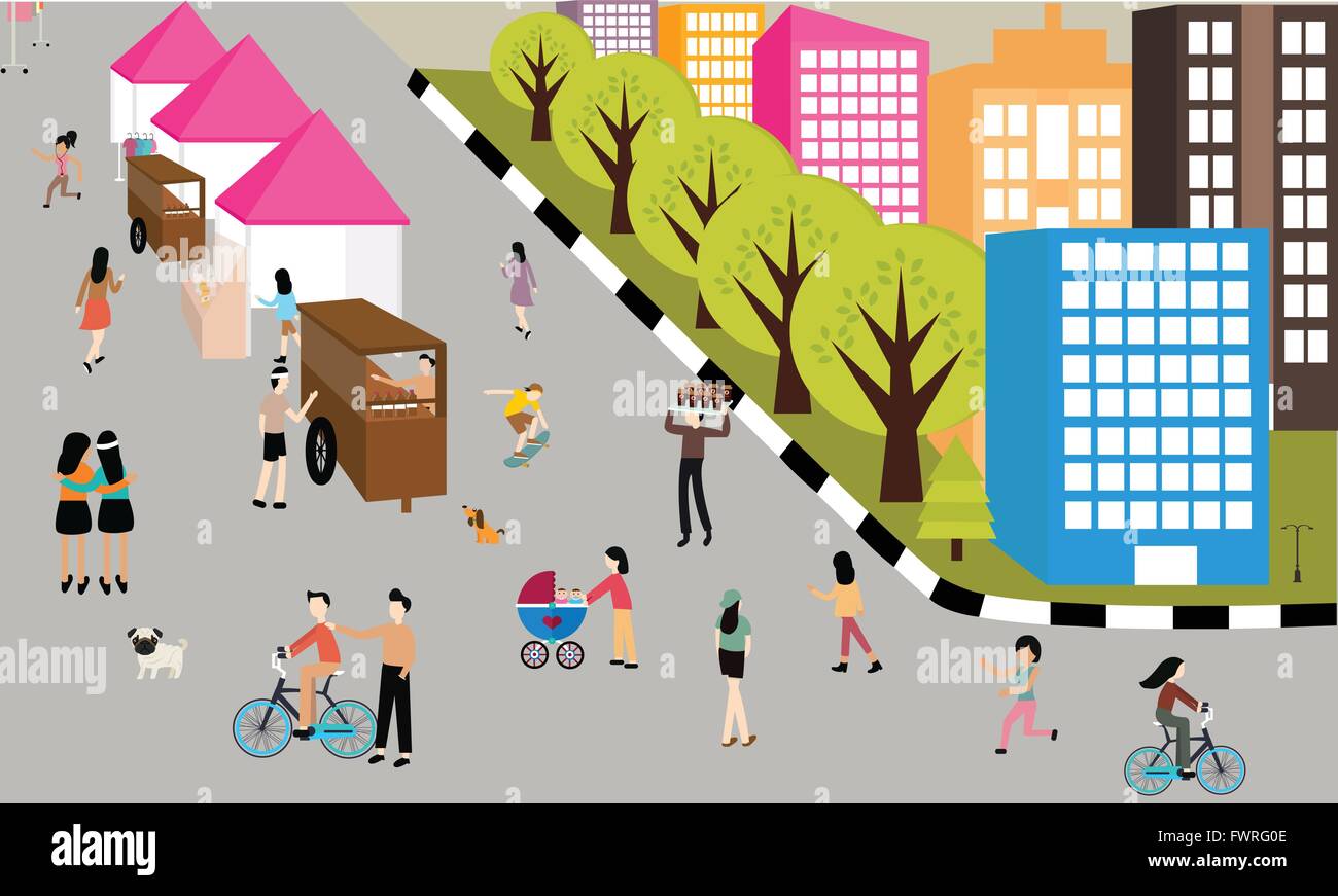 people jogging walking activities road on car free day outdoor urban ...