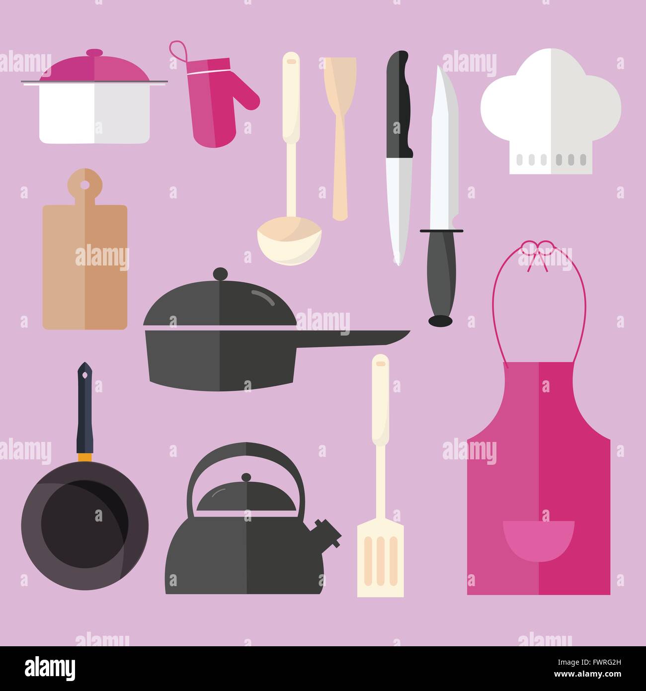 cooking icon set object in pink kitchen chef hat apron pan knife pot ...