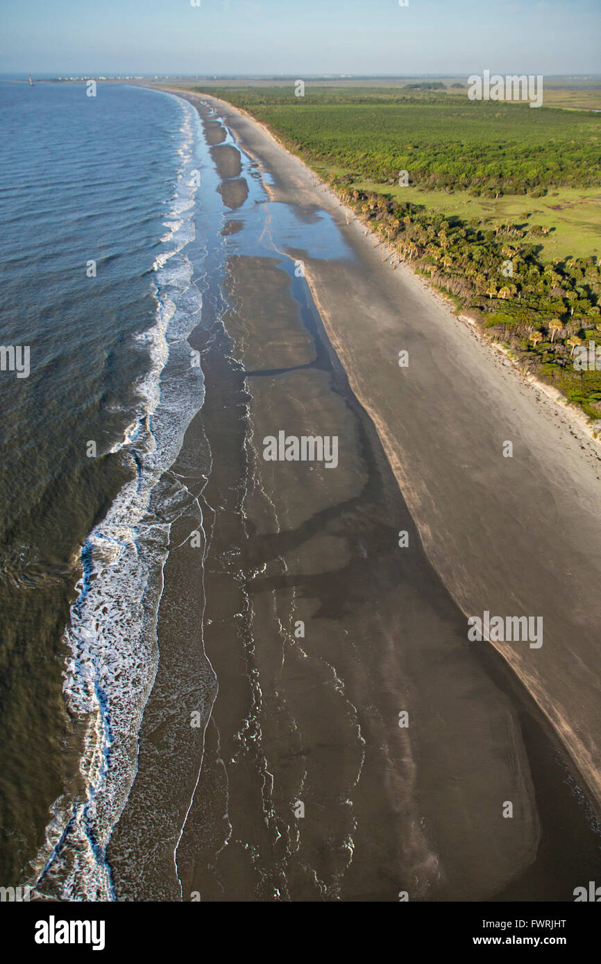 Aerial view of the beach and coastline of Morris Island in Charleston ...