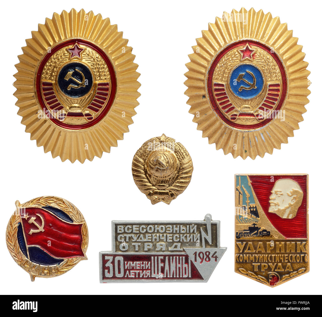 Collection of the Soviet military and labor badges isolated on white ...