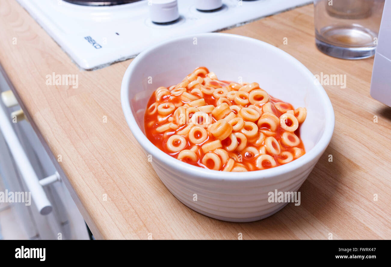 Spaghetti hoops in tomato sauce in a white dish Stock Photo - Alamy