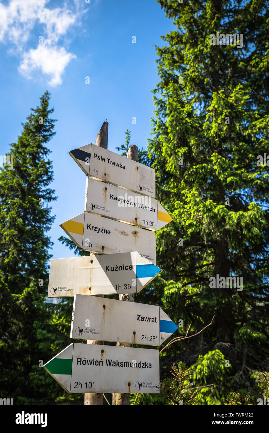 Direction sign on mountain trail, High Tatras, Poland Stock Photo - Alamy