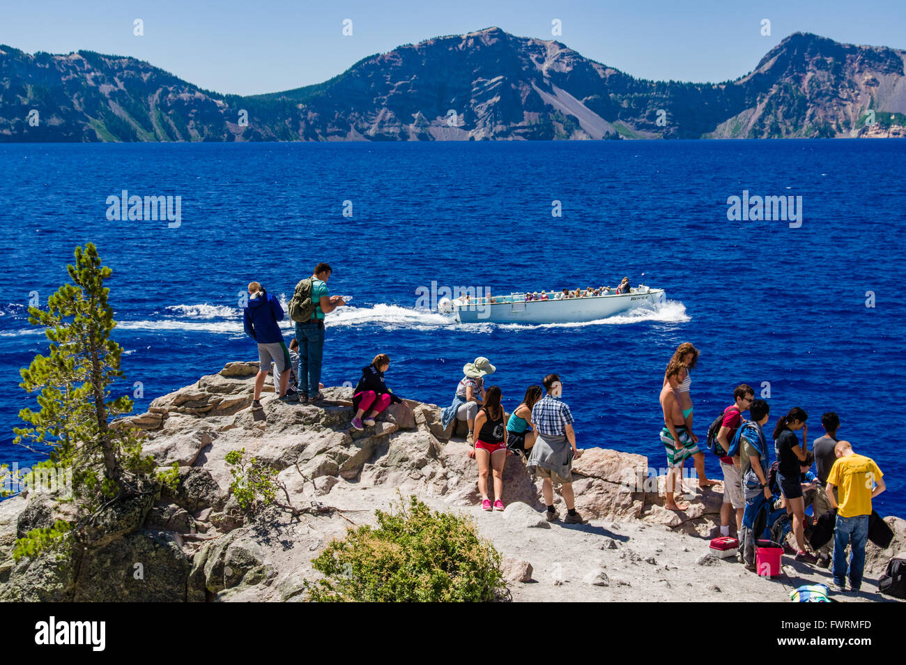 Crater lake national park oregon boat hi-res stock photography and ...